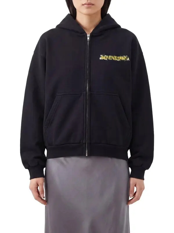 Balenciaga Oversized Zipped Cotton Hoodie With Printed Logo - Black