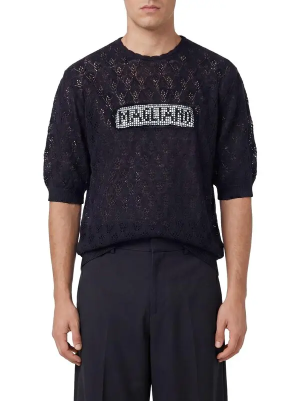 MAGLIANO Openwork Mohair Blend Crew-neck Jumper With Jacquard Logo - Black