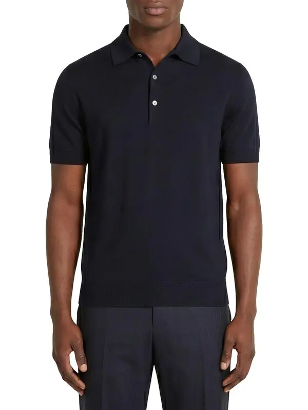 Zegna Cotton Knit Polo Shirt With Ribbed Collar And Hems - Blue