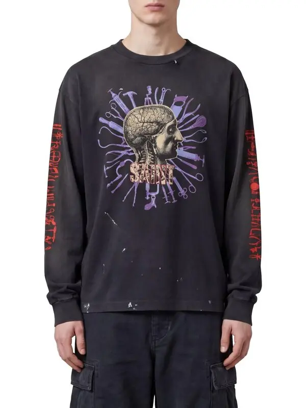 SAINT MXXXXXX Long-sleeved Graphic Print Cotton T-shirt In A Relaxed Fit - Grey
