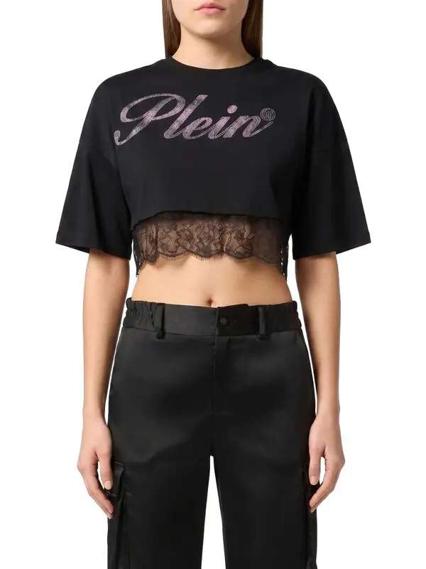 Philipp Plein Cotton Cropped T-shirt With Rhinestone Logo And Lace Detail - Black