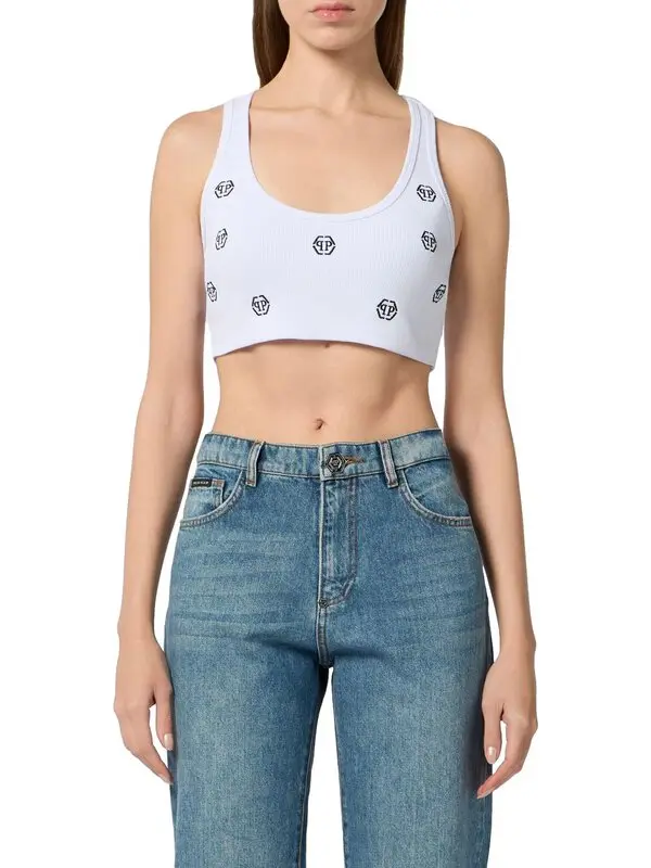 Philipp Plein Cropped Logo Knit Top - White