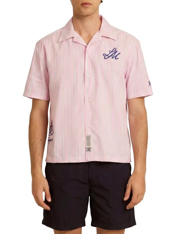 LA MARTINA Striped Relaxed Fit Cotton Shirt With Cuban Collar - White