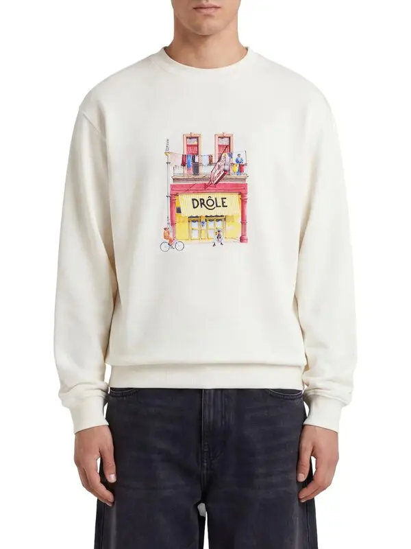 Drole De Monsieur Graphic Print Cotton Crewneck Sweatshirt With Dropped Shoulders - Beige