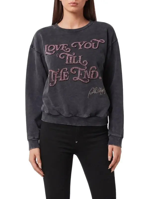 Philipp Plein Cotton Crewneck Sweatshirt With Rhinestone Embellishments - Black