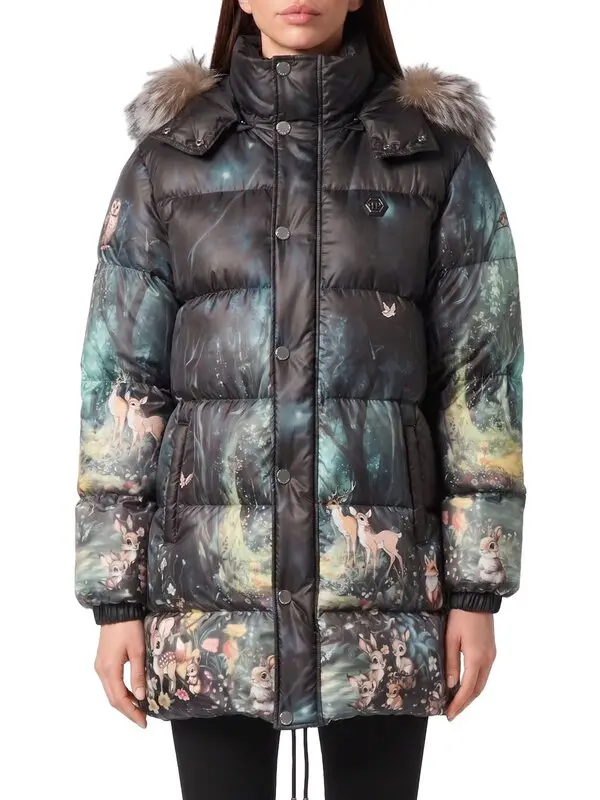 Philipp Plein Padded Jacket With Forest Print And Fur Trim - Multicolor