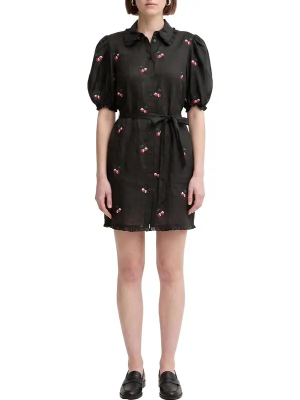 TWINSET Ramie Embroidered Mini Dress With Puff Sleeves And Belt - Black
