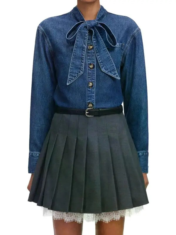 SELF-PORTRAIT Denim Texture Pussy-bow Shirt - Blue
