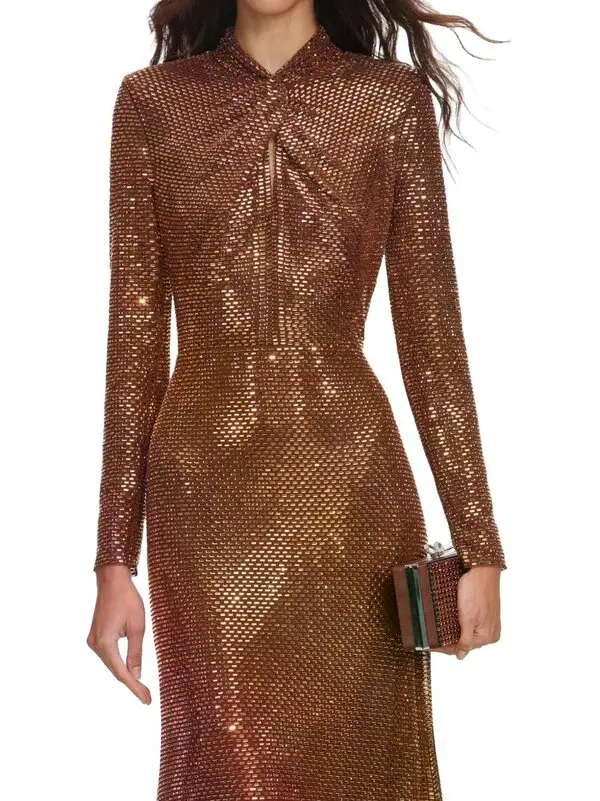SELF-PORTRAIT Rhinestone Embellished High Neck Midi Dress - Brown