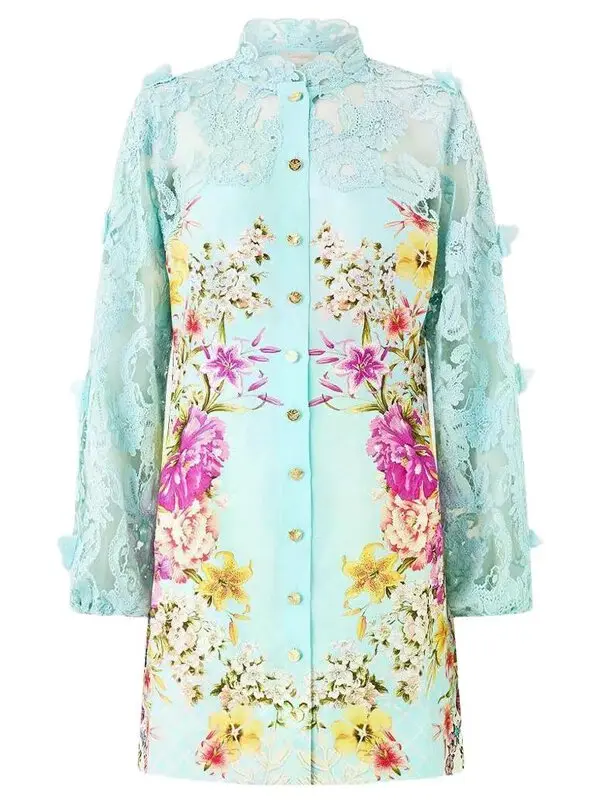 Camilla Lace Sleeve Floral Dress - Blue