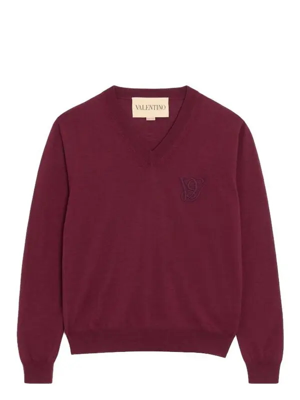 Valentino Garavani V-neck Wool Jumper With Vg Embroidery - Maroon