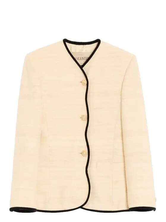 Valentino Garavani Silk Linen Canvas Jacket With Velvet Trim - Latte/black