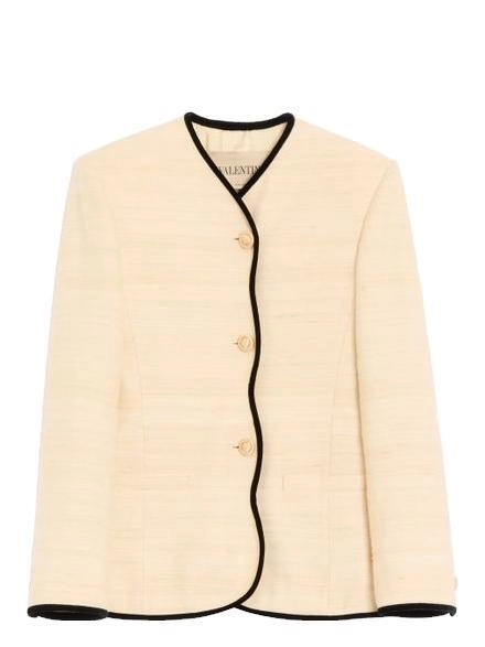 Valentino Garavani Silk Linen Canvas Jacket With Velvet Trim - Latte/black