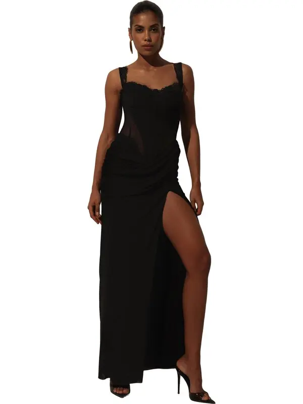 MILLA Maxi Dress With Corset Bodice And Slit - Black