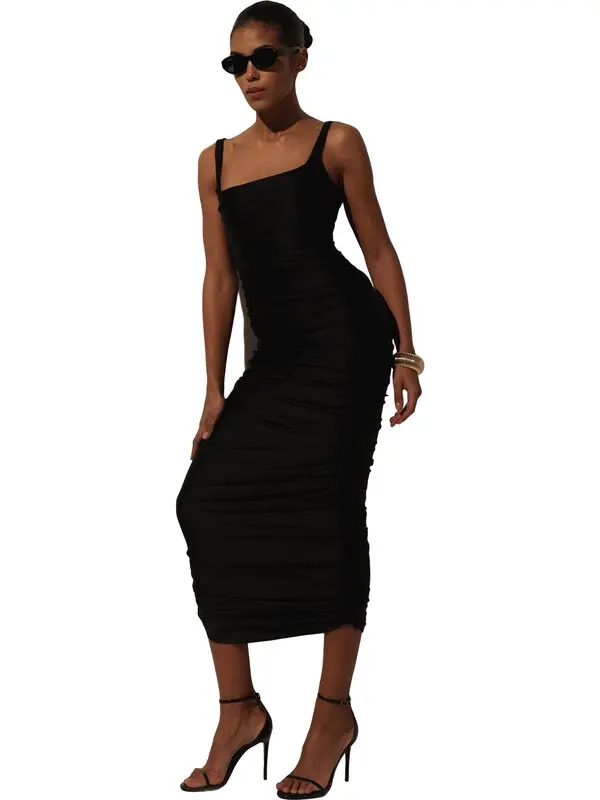 MILLA Draped Midi Dress With Spaghetti Straps - Black