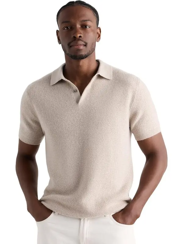 Quince Mongolian Cashmere Waffle Short Sleeve Polo Sweater - Heather Cloud Beige