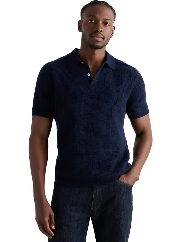 Quince Mongolian Cashmere Waffle Short Sleeve Polo Sweater - True Navy