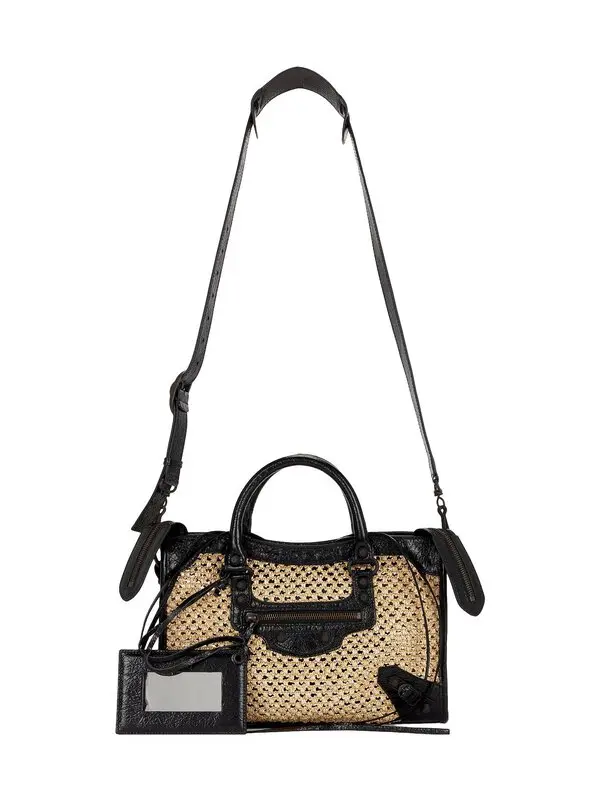 Balenciaga Le City Small Bag In Tan And Black Raffia And Arena Lambskin - Natural & Black