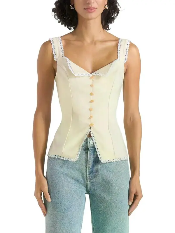 Manière De Voir Delia Linen Corset Cami Top With Lace Trim - Neutrals