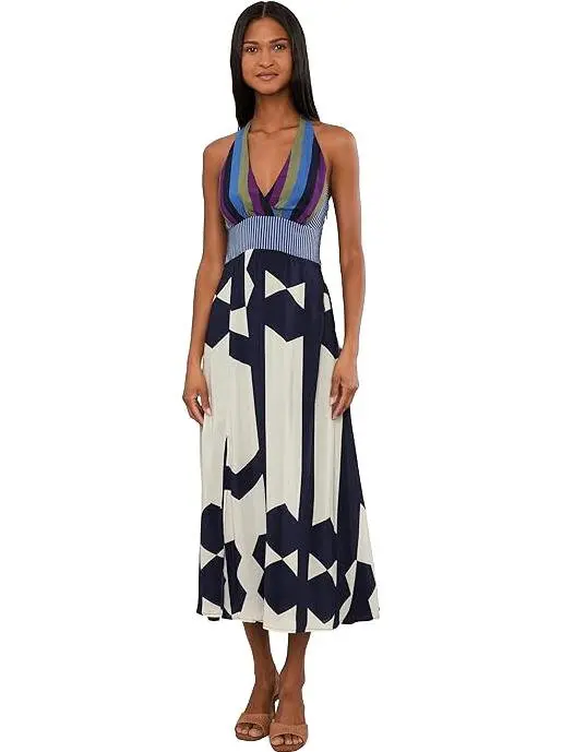 Vince Camuto V-neck Halter Maxi Dress With Geometric Print - Navy
