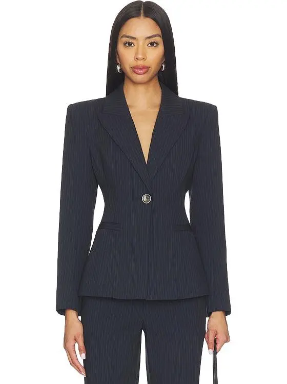 L'Agence Therese Cinched Waist Blazer - Midnight & Ivory Pinstripe