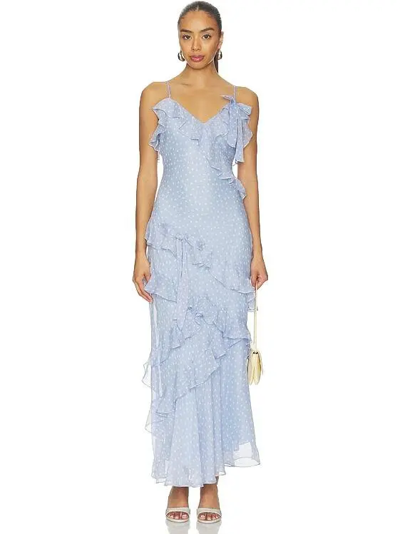 Astr The Label Tiered Ruffle Maxi Dress - Blue Polka Dot