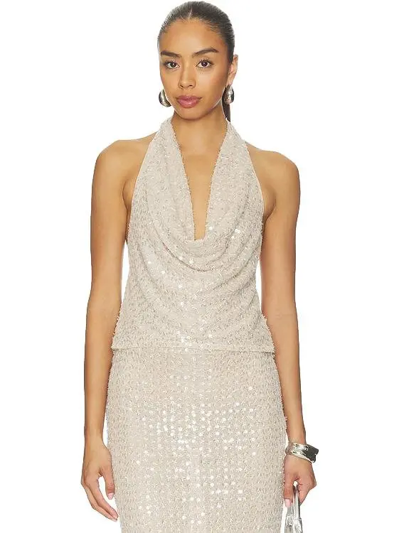 LOVERS AND FRIENDS Sequin Embellished Halterneck Draped Top - Nude Sequin
