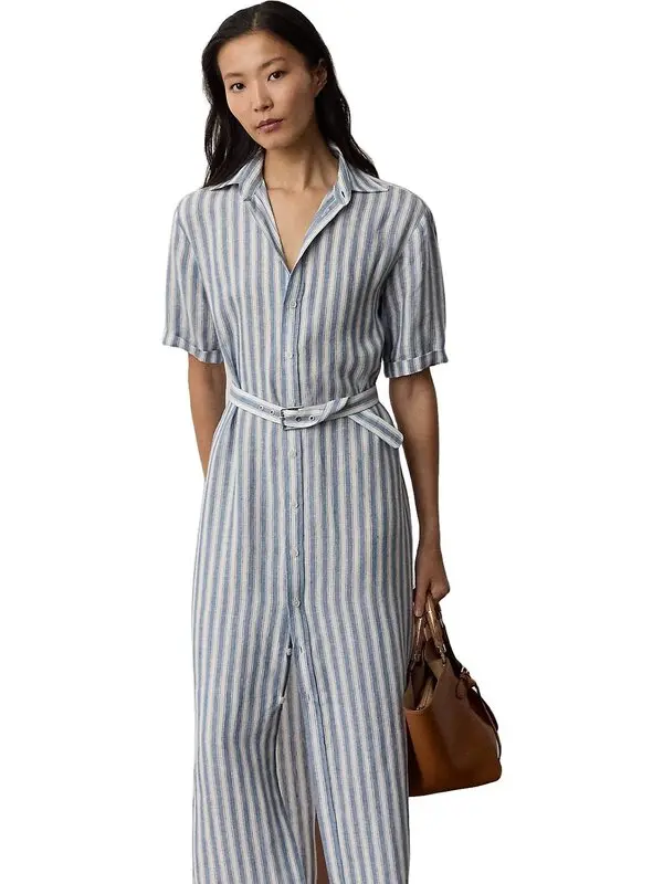 Ralph Lauren Carol Striped Linen Day Dress - Chambray Blue/cream