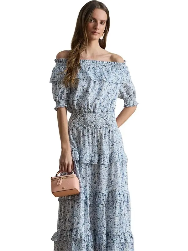 Ralph Lauren Floral Voile Off-the-shoulder Midi Dress - White/blue