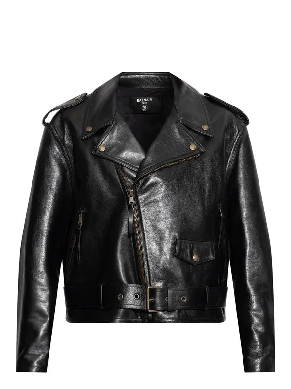 Balmain Leather Biker Jacket With Antique Gold Hardware - Black