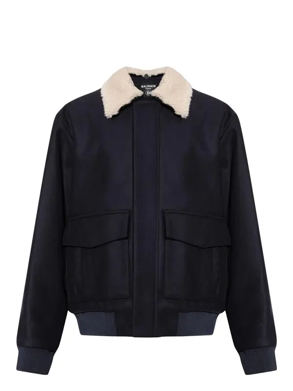 Balmain Wool Bomber Jacket With Detachable Faux Fur Collar - Navy Blue