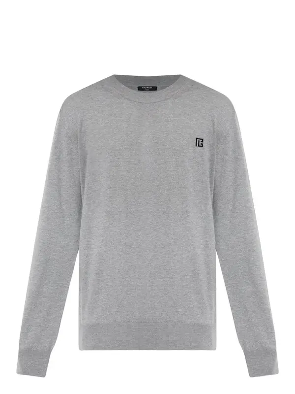 Balmain Crew Neck Sweater With Embroidered Logo - Grey