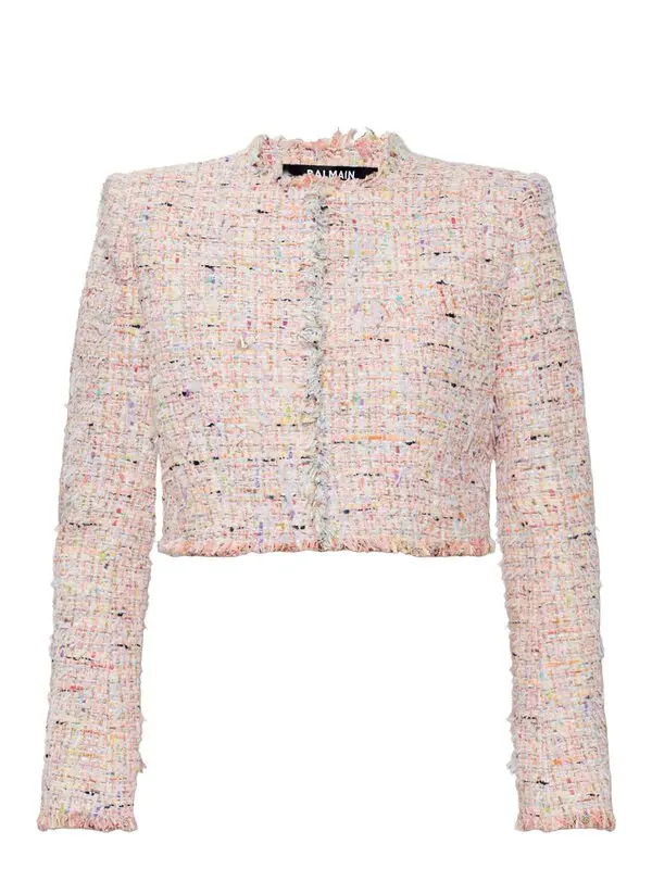 Balmain Cropped Multicolor Tweed Blazer - Pink