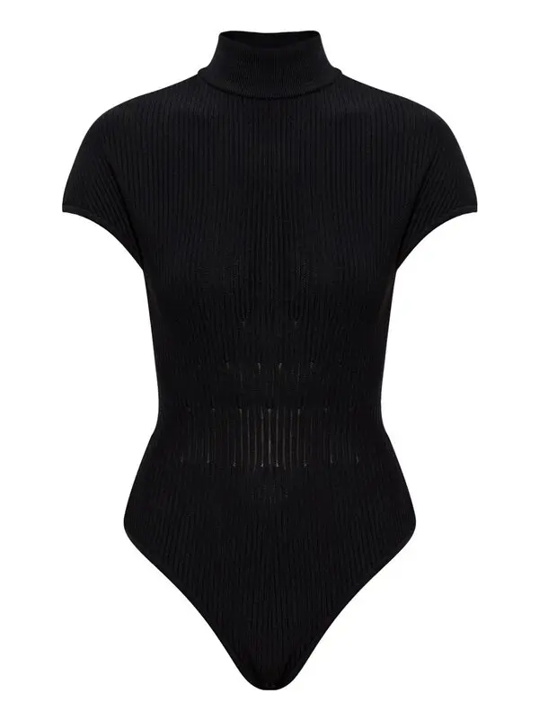 Balmain Ribbed Wool Turtleneck Bodysuit With Short Sleeves - Black