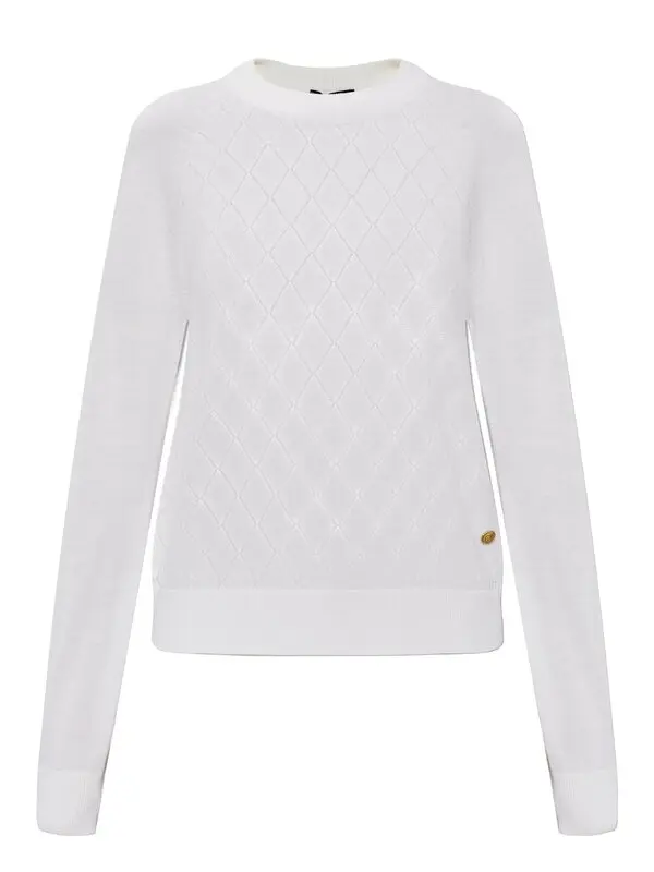 Balmain Crew Neck Sweater With Diamond Pattern And Button Detail - White