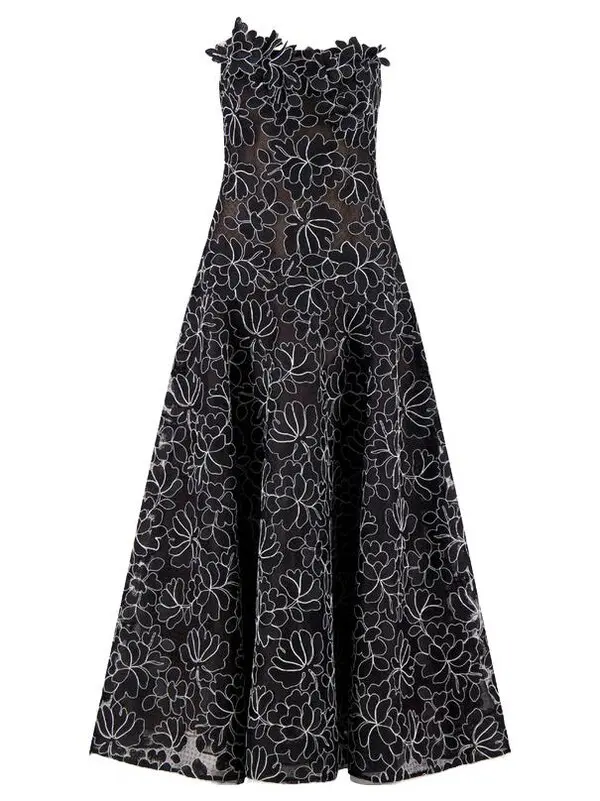 Lela Rose Strapless Floral Lace Gown With Full Skirt - Black