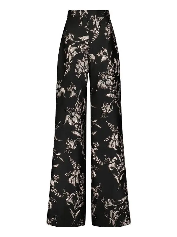Lela Rose Metallic Floral Jacquard Wide Leg Trousers - Black