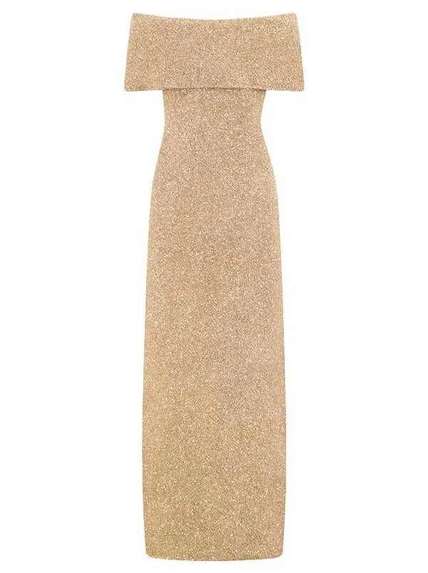 Lela Rose Sequin Knit Off-the-shoulder Gown - Brown
