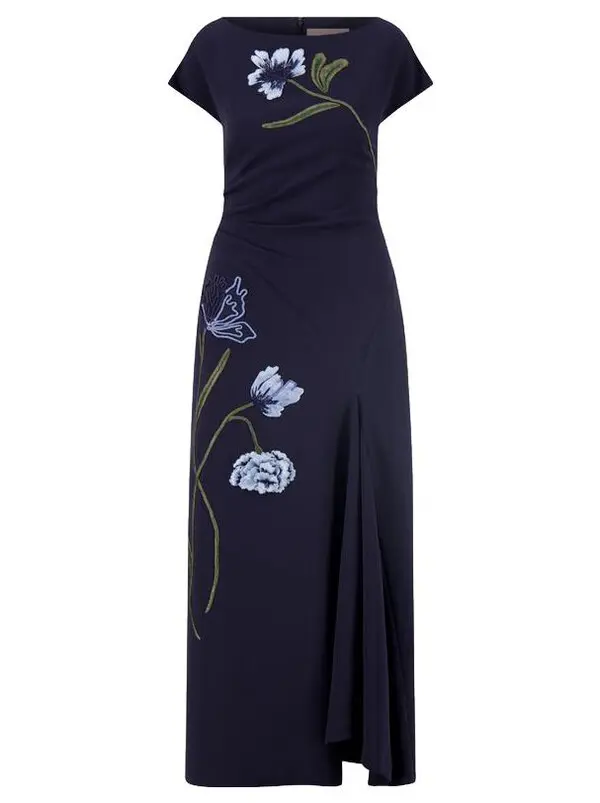 Lela Rose Floral Cord Embroidered Fluid Crepe Cascade Dress - Blue
