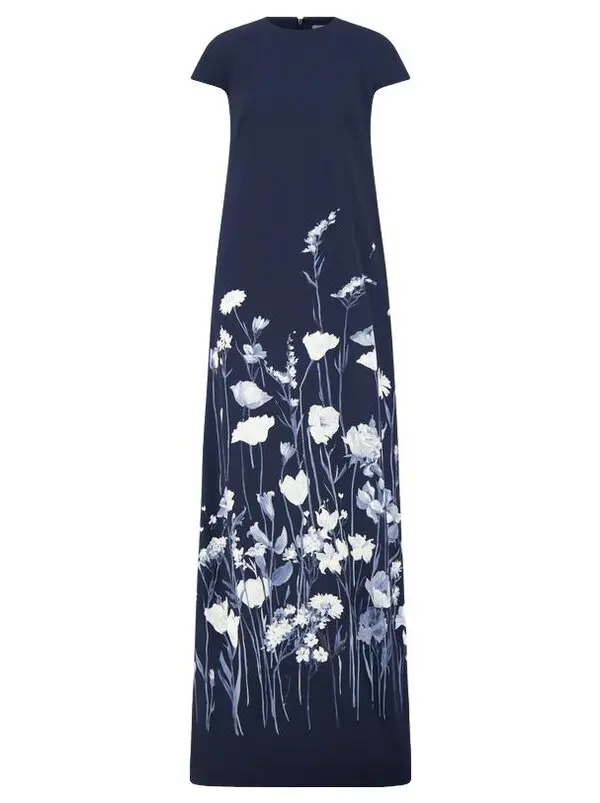 Lela Rose Floral Crepe Augusta Gown - Navy / Multicolor