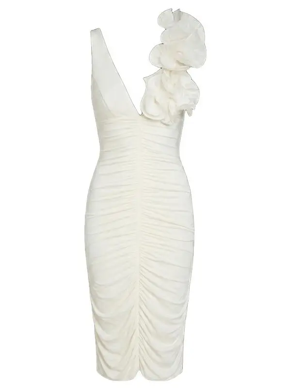PatBO Taffeta Tarsila Midi Dress With Ruffled Shoulders - White