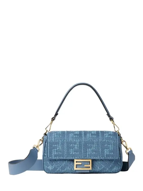 Fendi Baguette Woven Raffia-effect Bag With Ff Embroidery - Blue