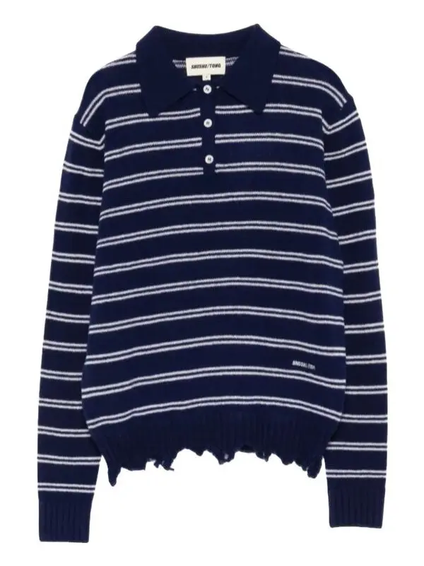 SHUSHU/TONG Striped Distressed-effect Polo Shirt - Black