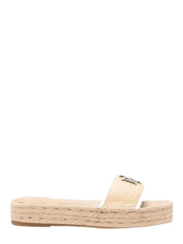Ralph Lauren Logo Plaque Raffia Espadrille Slides - Beige