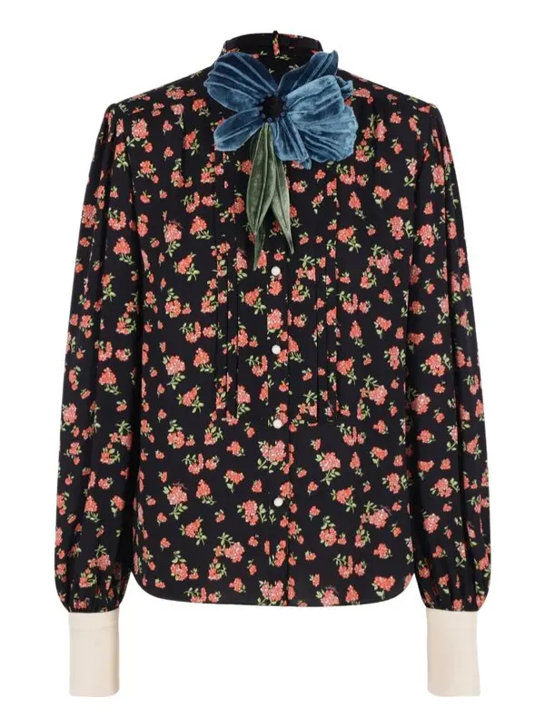 Valentino Garavani All-over Floral Patterned Button-up Top With Pussy Bow - Black