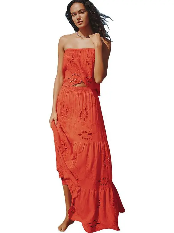 Tiare Hawaii Heliconia Eyelet Maxi Skirt - Ruby Red