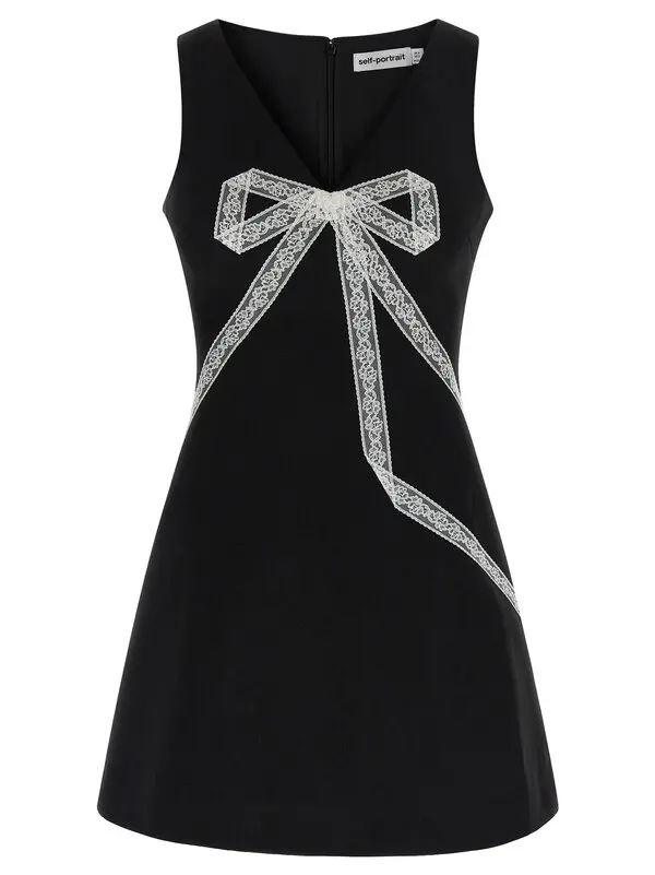 SELF-PORTRAIT Black Crêpe Bow Lace Mini Dress - Multicolor