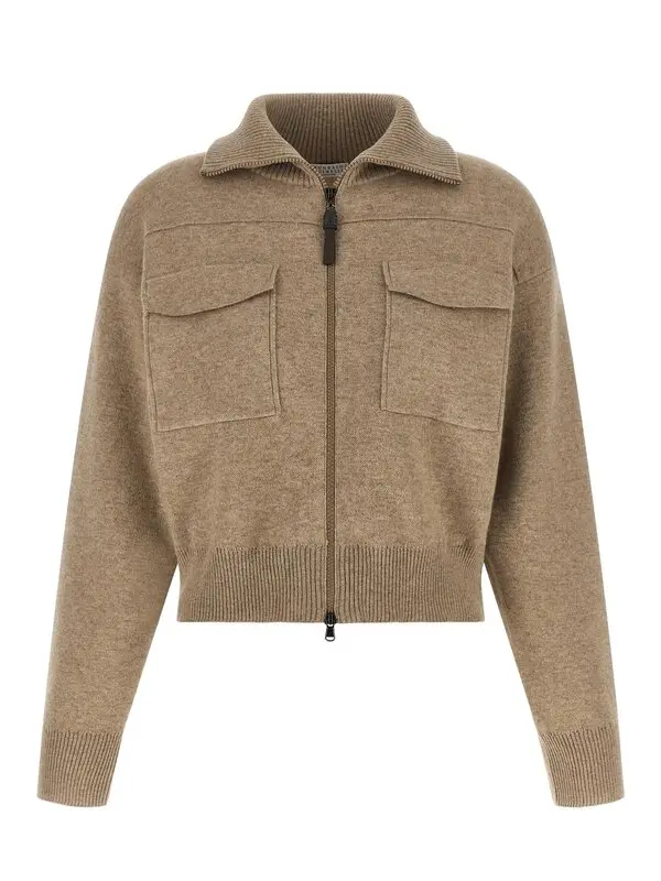 Brunello Cucinelli Wool Cropped Cardigan With Monile Zipper Pull - Cream