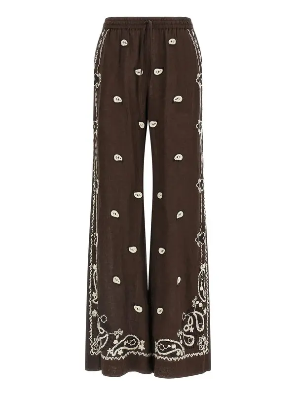 P.a.r.o.s.h Embroidered Wide Leg Linen Pants - Brown