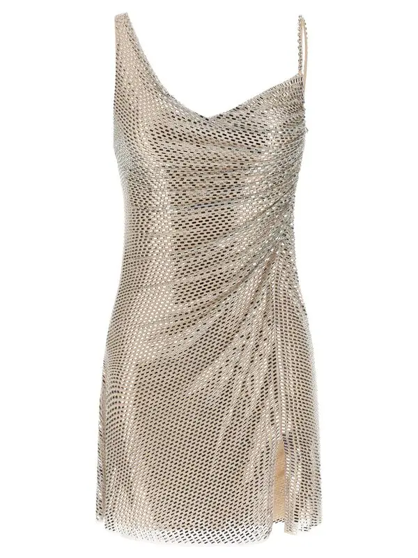 SELF-PORTRAIT Champagne Rhinestone Draped Mini Dress - Cream